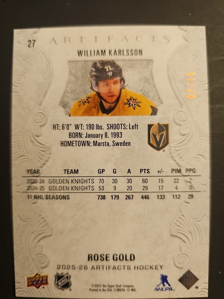 2025-26 Upper Deck Artifacts William Karlsson Rose Gold parallel 07/15 ...