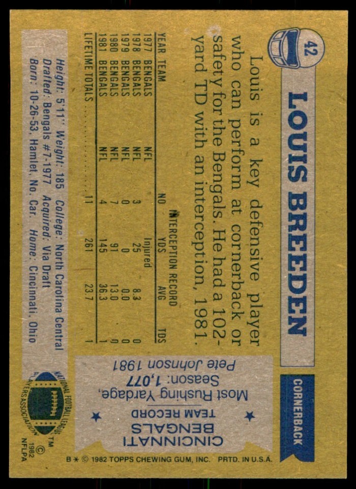 1982 TOPPS LOUIS BREEDEN . CINCINNATI BENGALS #42 | eBay
