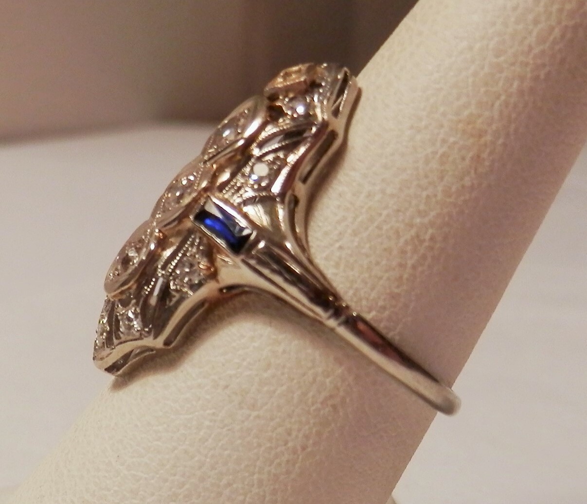 Art Deco Mine Cut Diamond &Lab Created Sapphire 18K White Gold Ring 7.5 ...