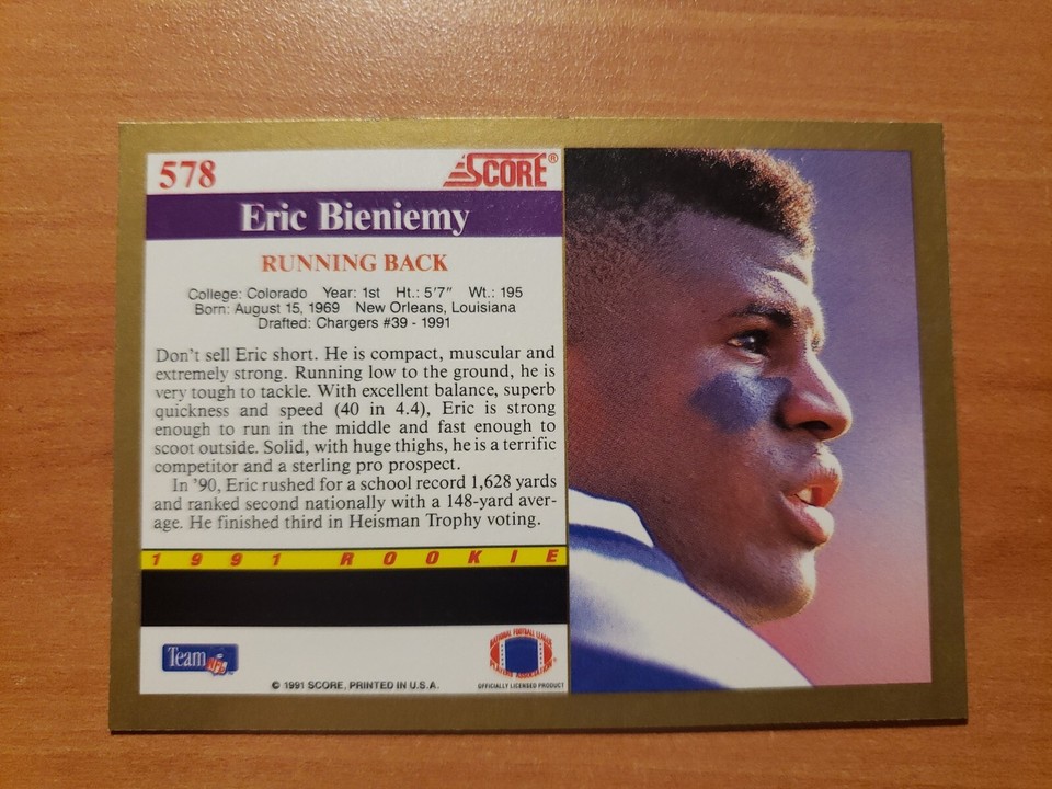 1991 Score #578 Eric Bieniemy - Rookie - San Diego Chargers - NFL ...