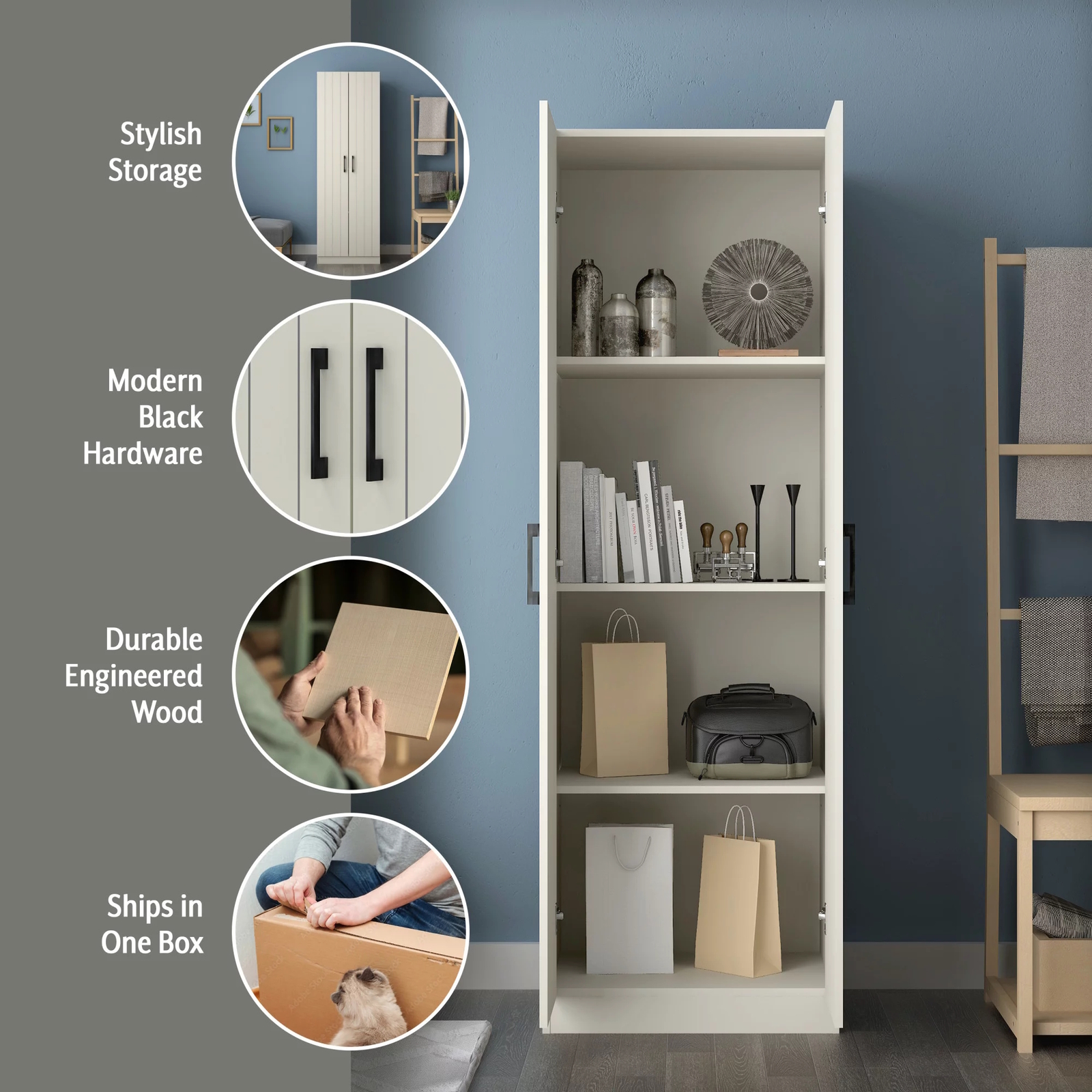Ivory Wooden Pantry Storage Cabinet Shelving Laundry Closet Organizer ...