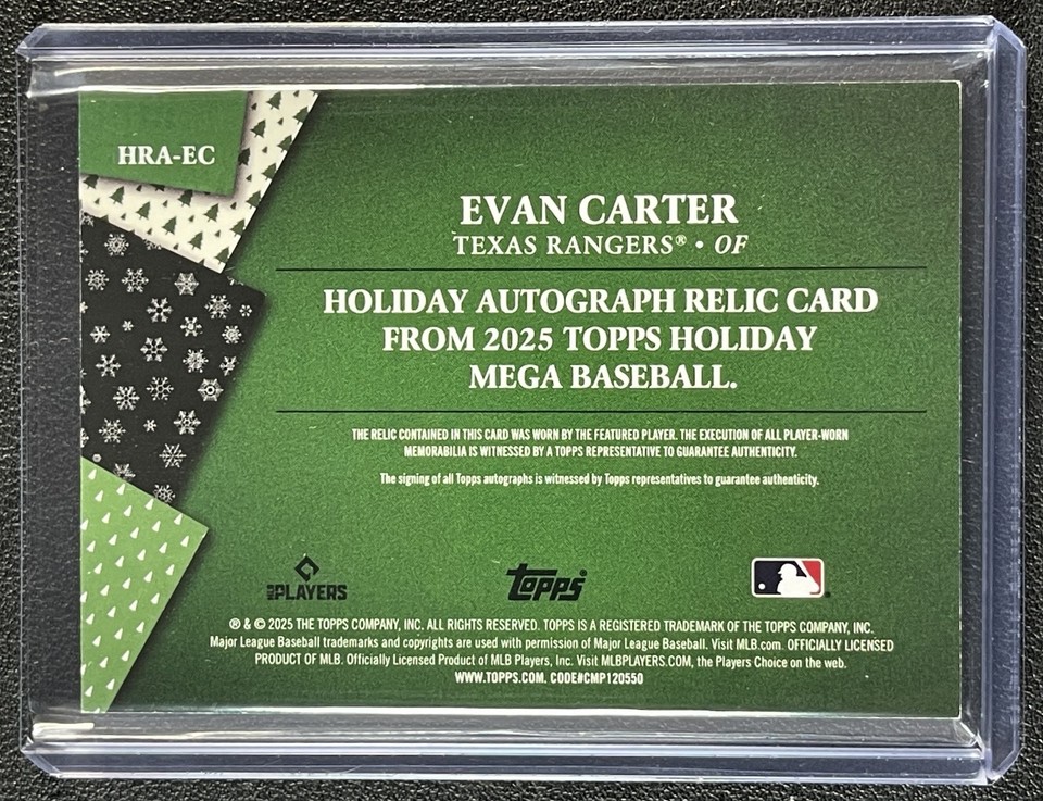 EVAN CARTER 2025 TOPPS HOLIDAY MEGA #HRA-EC WORN SANTA HAT RELIC AUTO ...