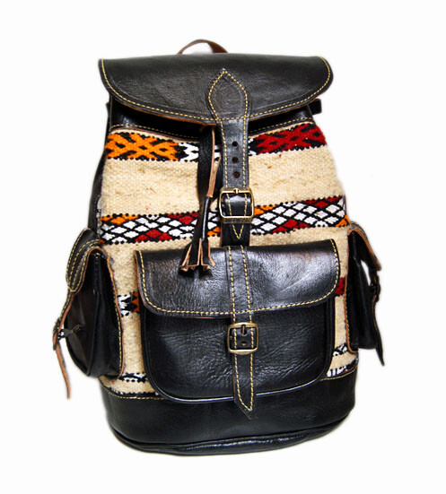 Moroccan Leather Backpack Black Rucksack Boho Kilim Carpet Bohemian ...