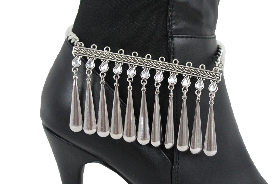 Women Silver Metal Chain Boot Western Shoe Jewelry Bling Bracelet Long ...