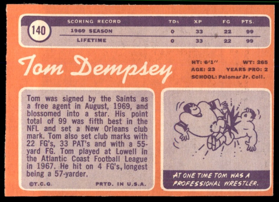 1970 Topps NM-MT Tom Dempsey Rookie #140 | eBay
