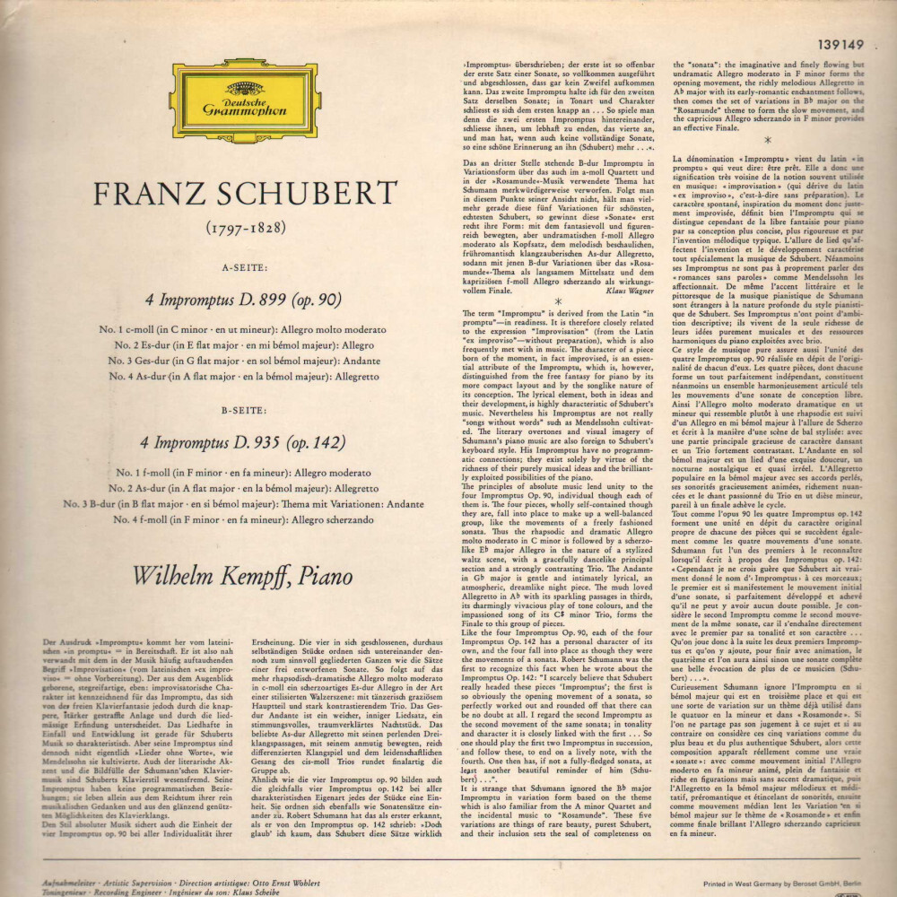 Schubert, Kempff LP Impr. / Deutsche Grammophon – 139149 New | eBay