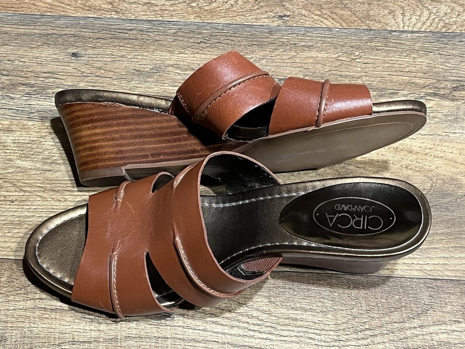 Circa Joan & David SZ 7M Brown Leather Wedge Slide On Sandals Shoes | eBay