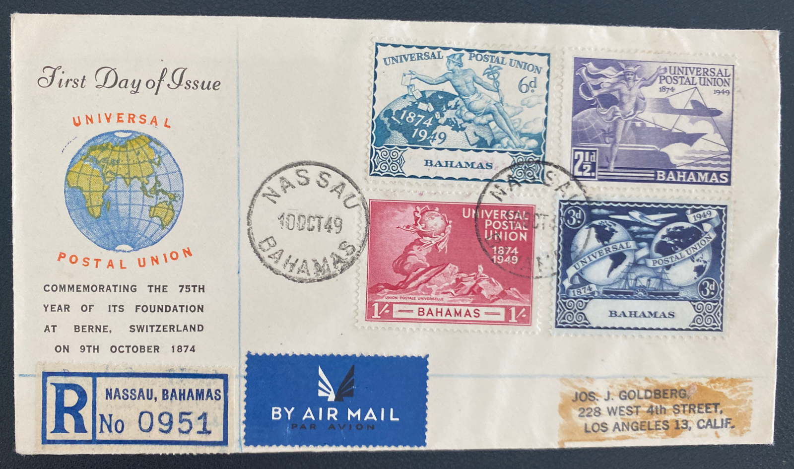 1949 Nassau Bahamas First Day Cover FDC Universal Postal Union 75th ...