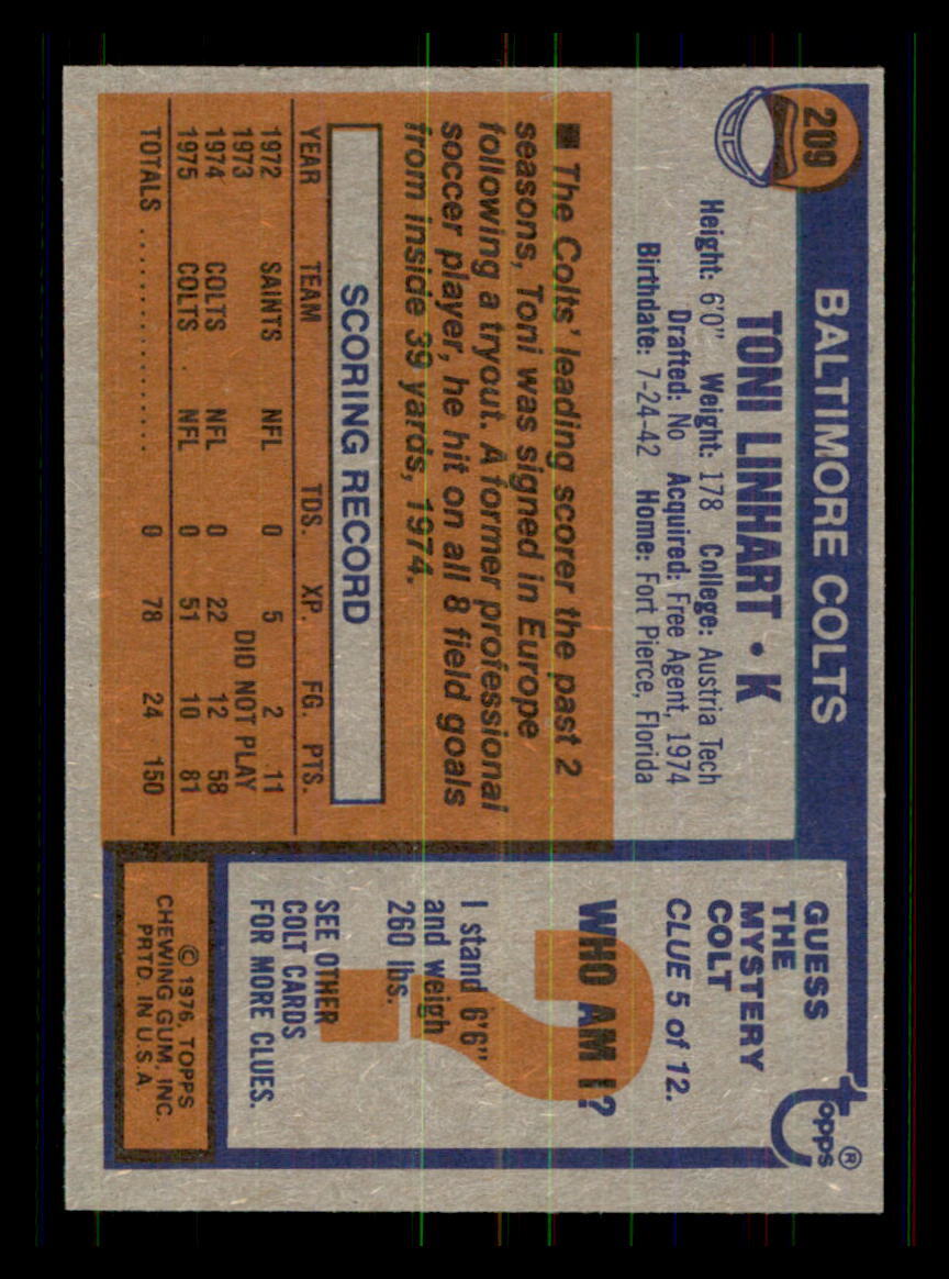 1976 Football Topps Toni Linhart Baltimore Colts #209 2 | eBay