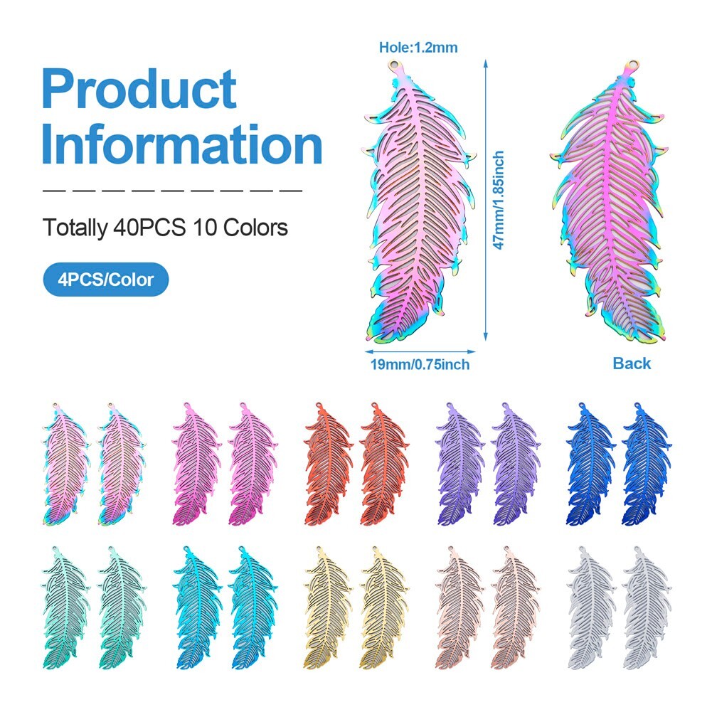 40Pcs Stainless Steel Filigree Feather Pendants Etched Metal ...