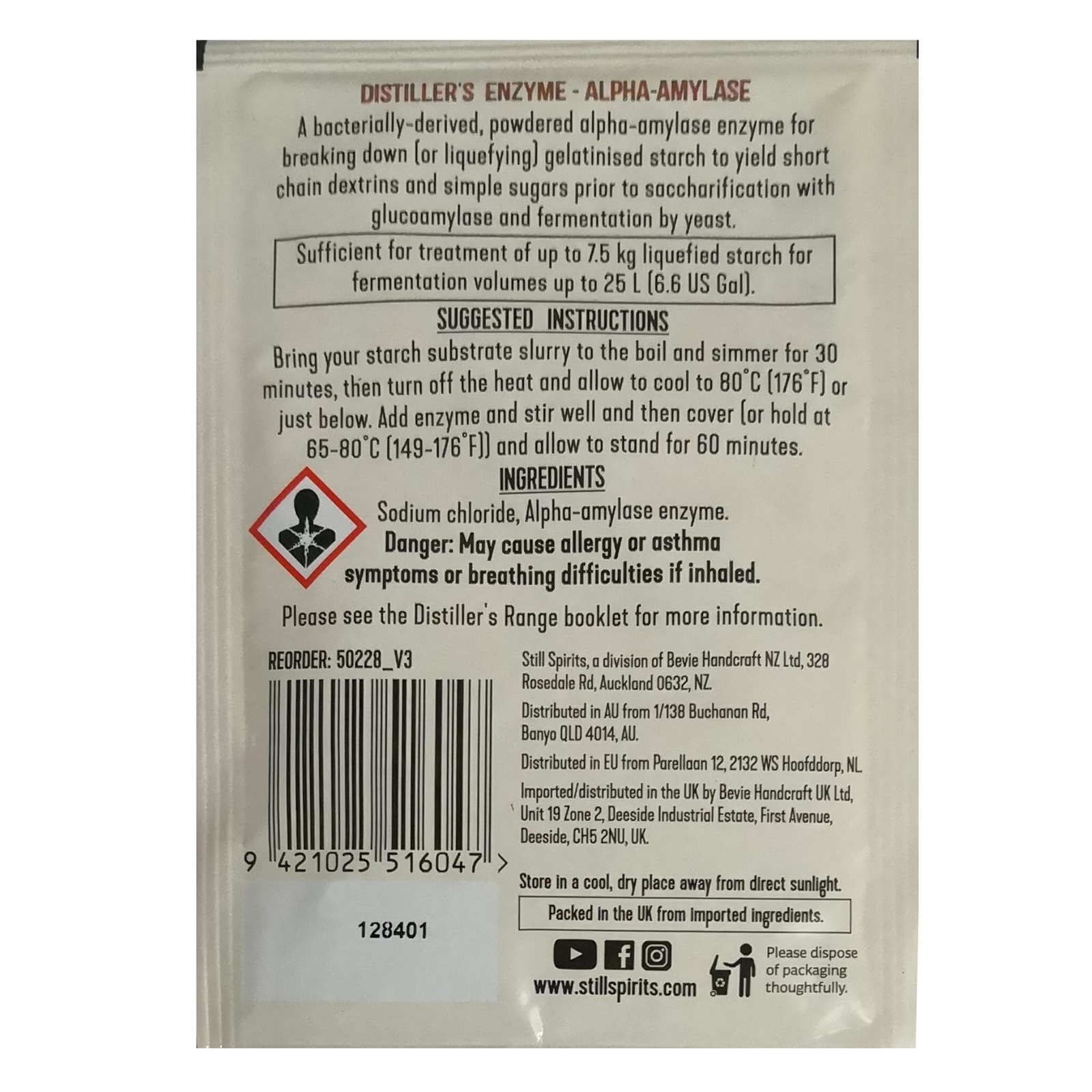 Still Spirits Distillers Alpha Amylase Enzyme 12g High Temperature for ...