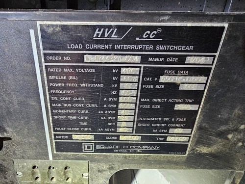 Square D Switchgear HVL Load Current Interrupter 4.76 KV 600 Amp | eBay