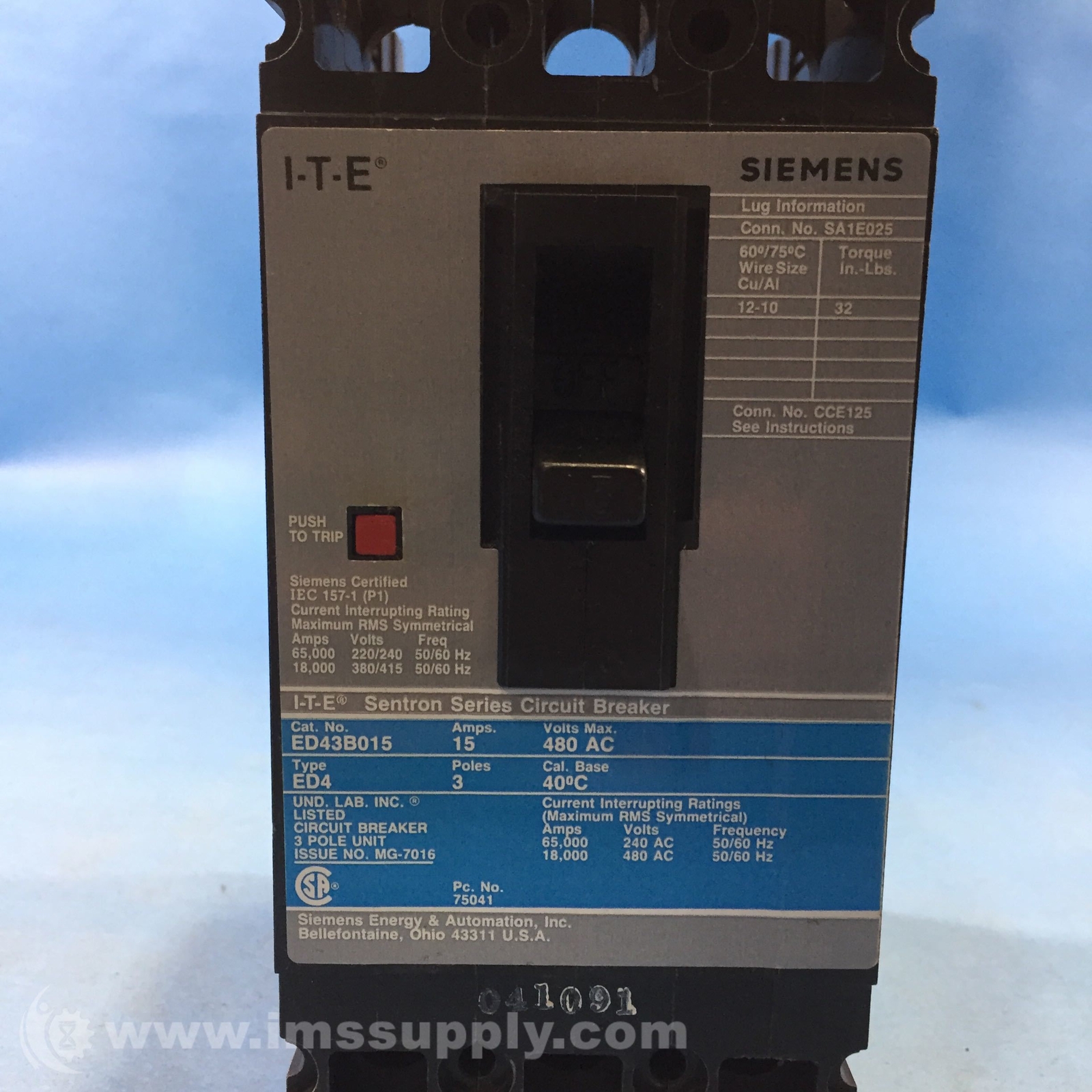 Siemens ED43B015 Molded Case Circuit Breaker, 3 Pole, 15A, 480VAC USIP ...