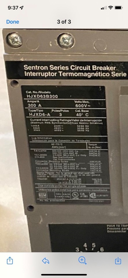 SIEMENS HJXD63B300 300 amp HJXD 65kA@480V 3P Sentron Circuit Breaker ...