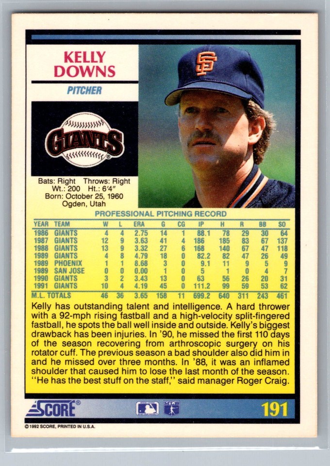 Kelly Downs 1992 Score BASEBALL #191 San Francisco Giants | eBay