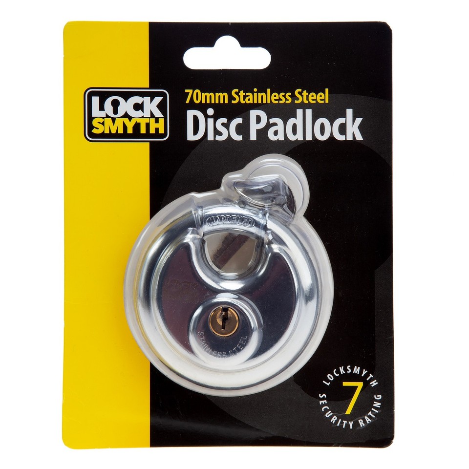 Locksmyth Stainless Steel Disc Padlock 70mm 3 Keys Shackle Dia 9.5mm ...