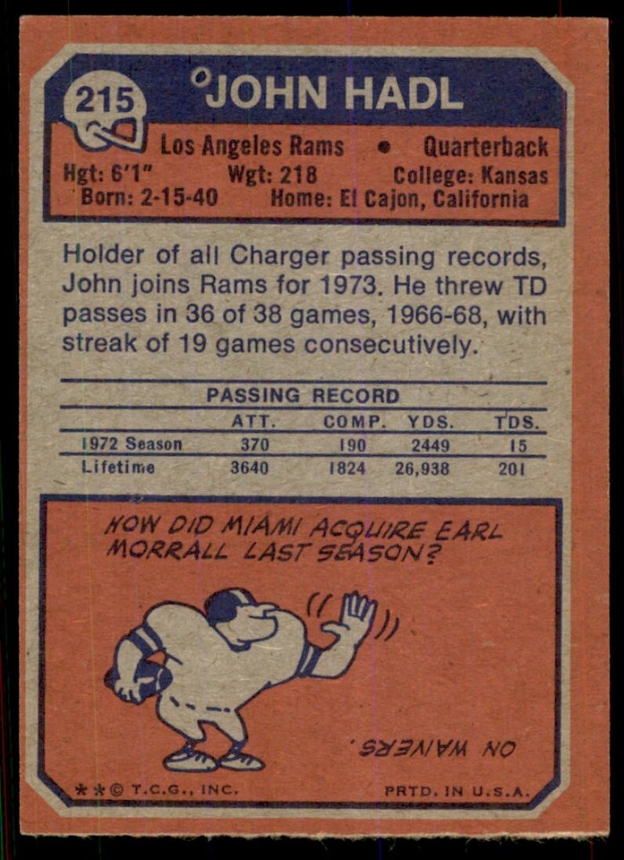 1973 Topps Football Cards John Hadl Los Angeles Rams #215 | eBay