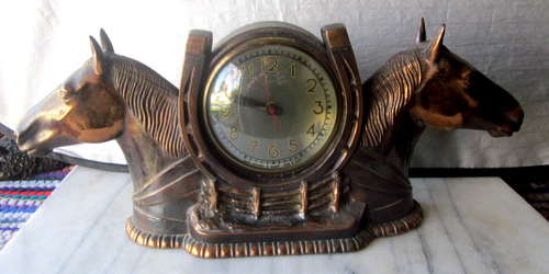 VINTAGE GILBERT DOUBLE HORSE HEAD GOOD LUCK HORSESHOE MANTLE CLOCK ...