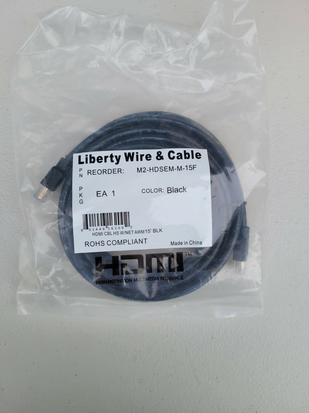 Brand New Liberty Wire & Cable M2-HDSEM-M-15F 15 Ft Commercial HDMI ...