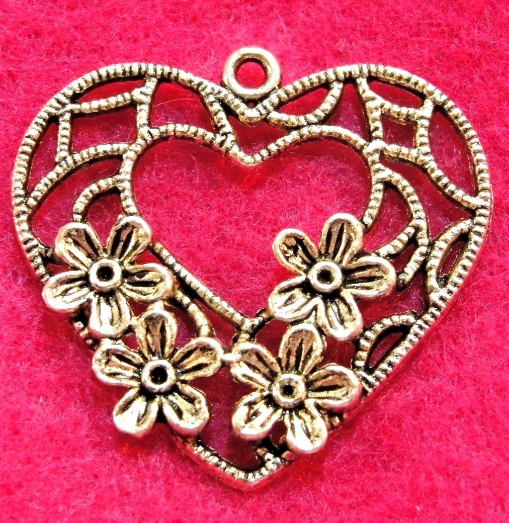 10Pcs. Tibetan Silver Lg. HEART w/ Flowers Charms Pendants Drops ...