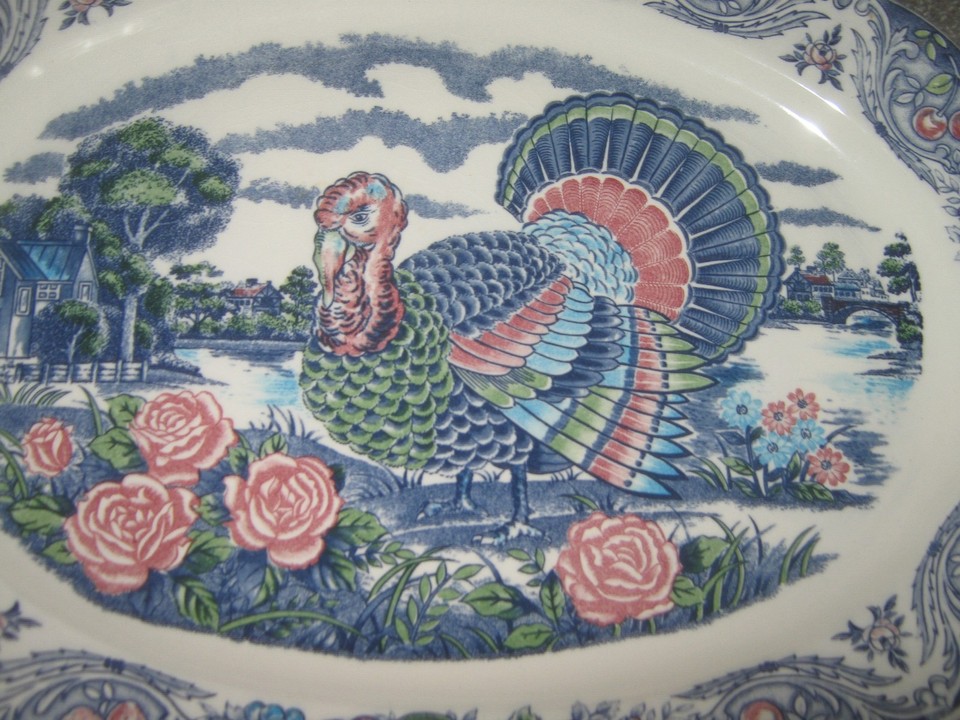 Large Blue Transferware Oval Thanksgiving Turkey Platter | eBay