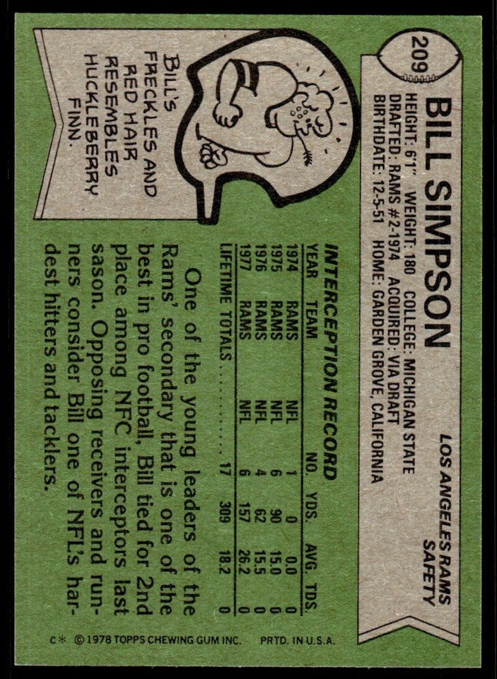 1978 TOPPS BILL SIMPSON K LOS ANGELES RAMS #209 | eBay