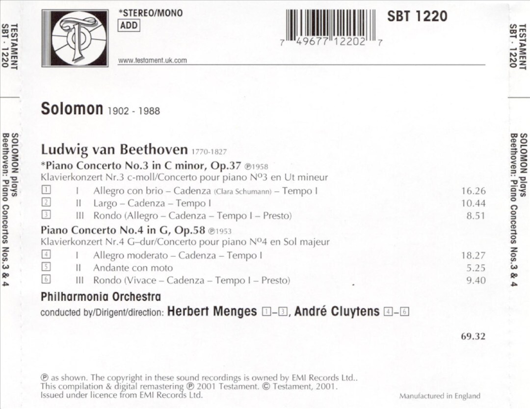 SOLOMON CUTNER BEETHOVEN: PIANO CONCERTOS NOS. 3 & 4 NEW CD | eBay