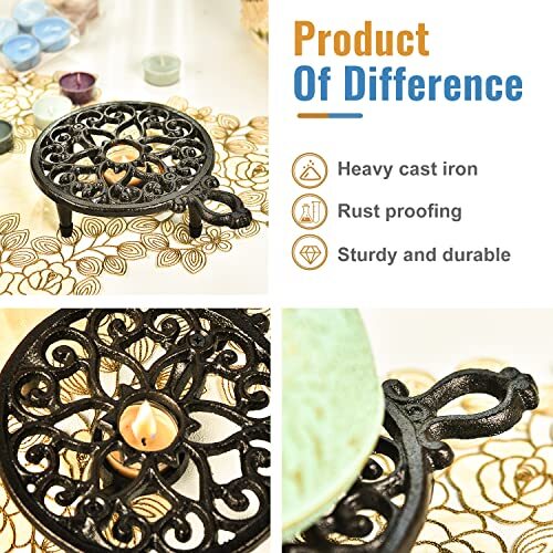 Cast Iron Teapot Warmer Dish Cups Heater Pot Trivet Rustic & Graceful ...