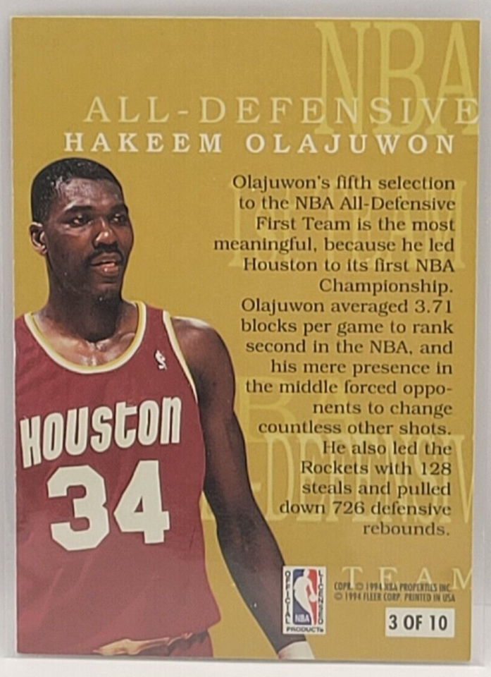 94-95 Fleer All-Defensive Team Hakeem Olajuwon HOF Insert (Houston ...