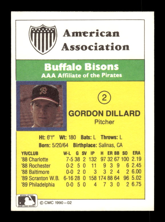 1990 CMC # 2 Gordon Dillard Card (ML) Buffalo Bisons Pittsburgh Pirates ...