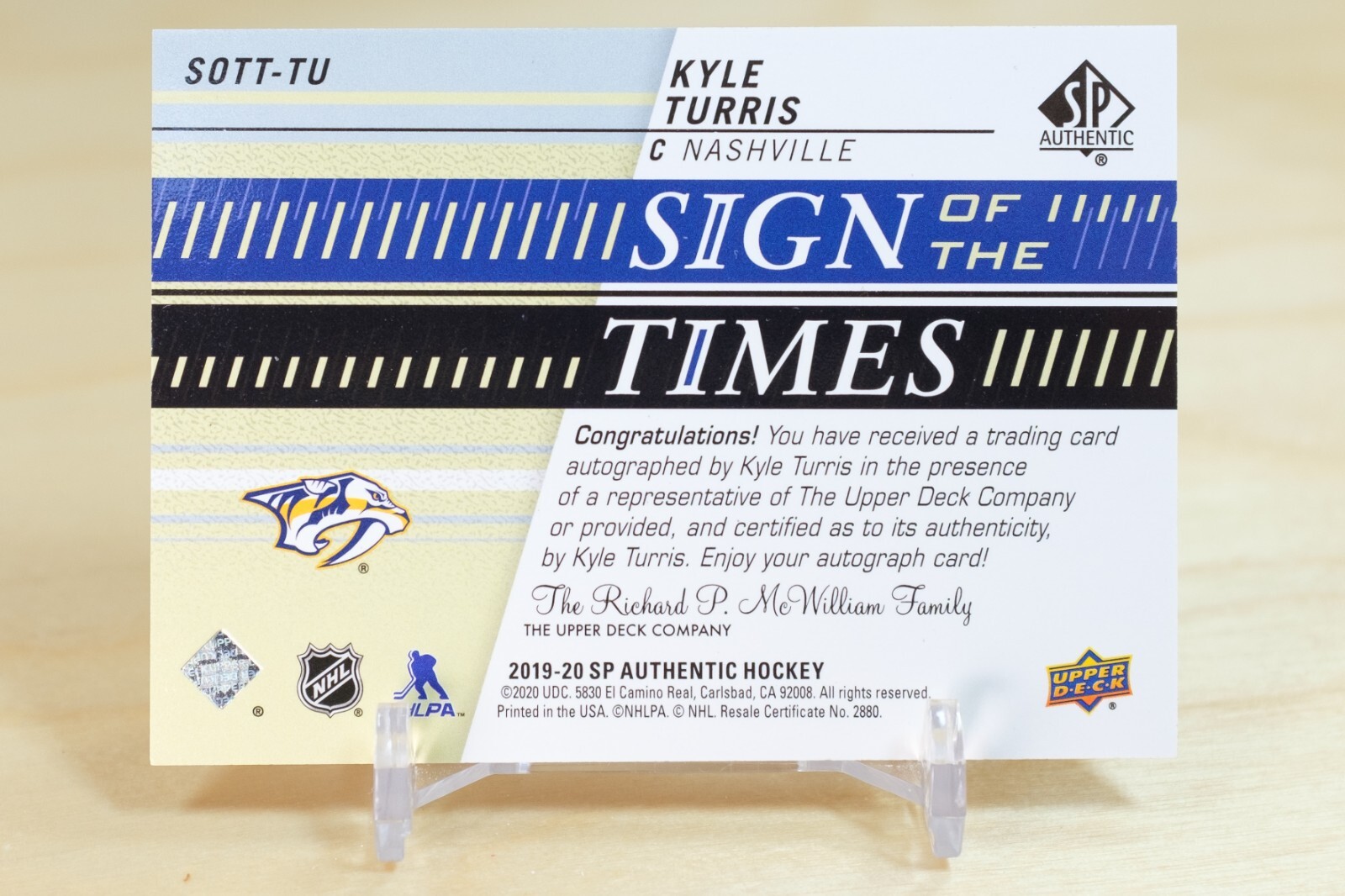 2019-20 SP Authentic - Sign of the Times #SOTT-TU Kyle Turris (AU) for ...