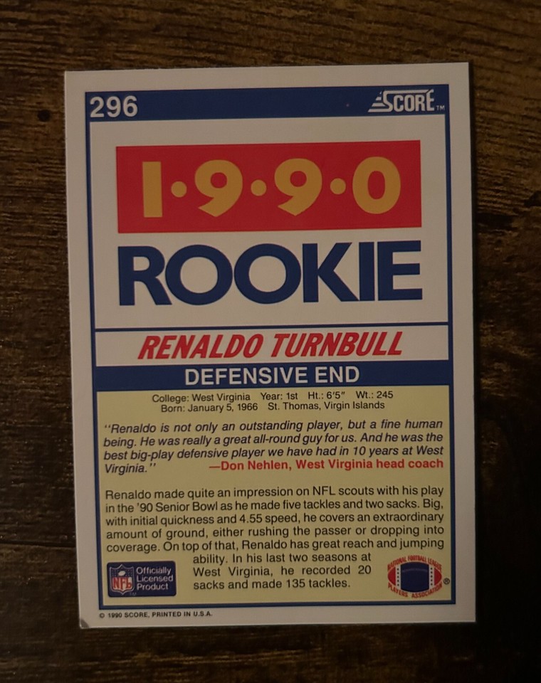 1990 NFL Rookie card Renaldo Turnbill defensive end Score | eBay