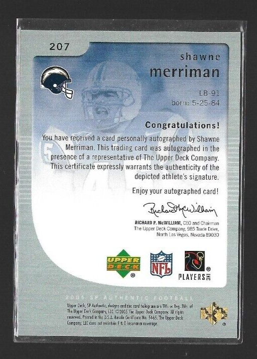 2005 SP Authentics Rookie Shawne Merriman Rookie Auto Ser'l#d/850 ...