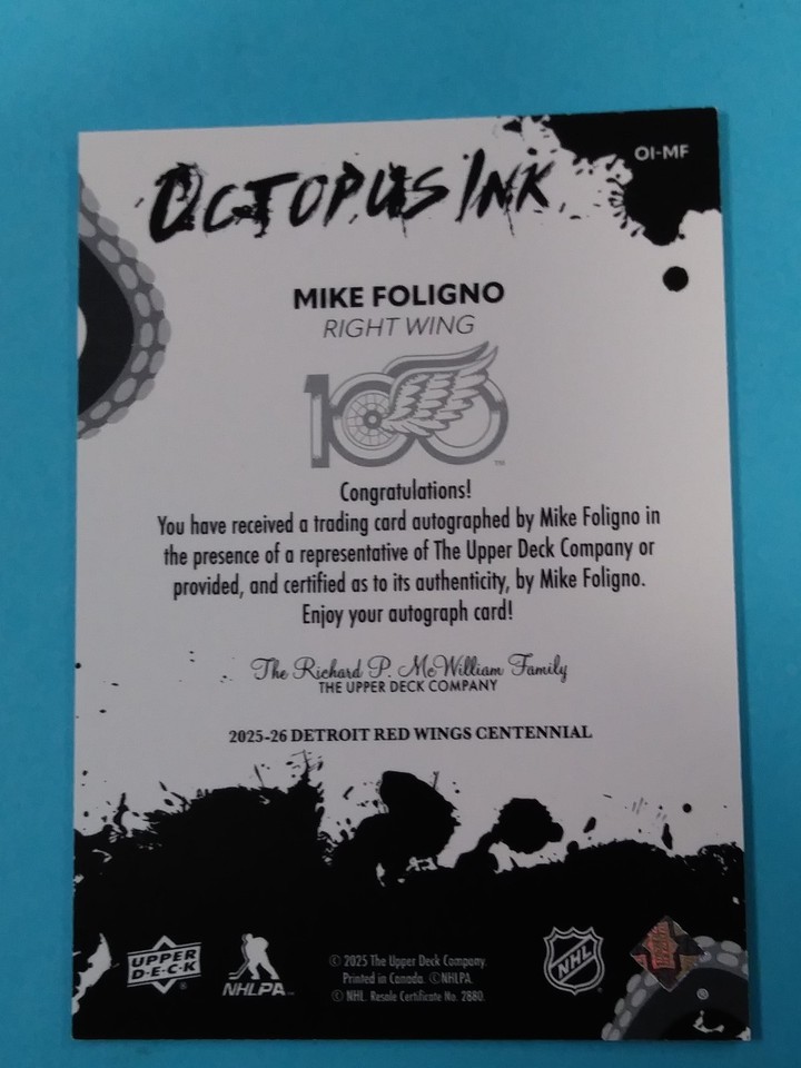 25-26 UD Detroit Red Wings Centennial - MIKE FOLIGNO - Octopus INK ...