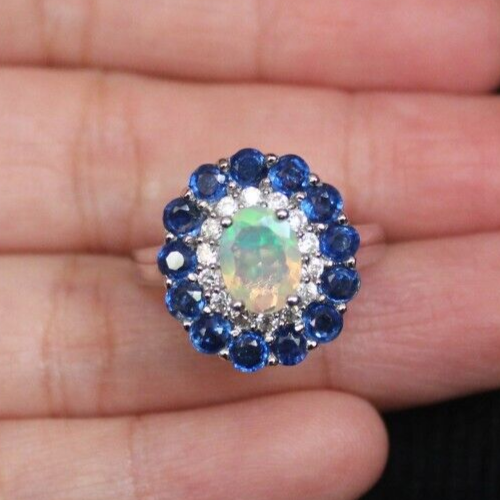 New JTV Blue KYANITE & OPAL & Zircon Sz 7 Ring Rhodium Over Sterling ...