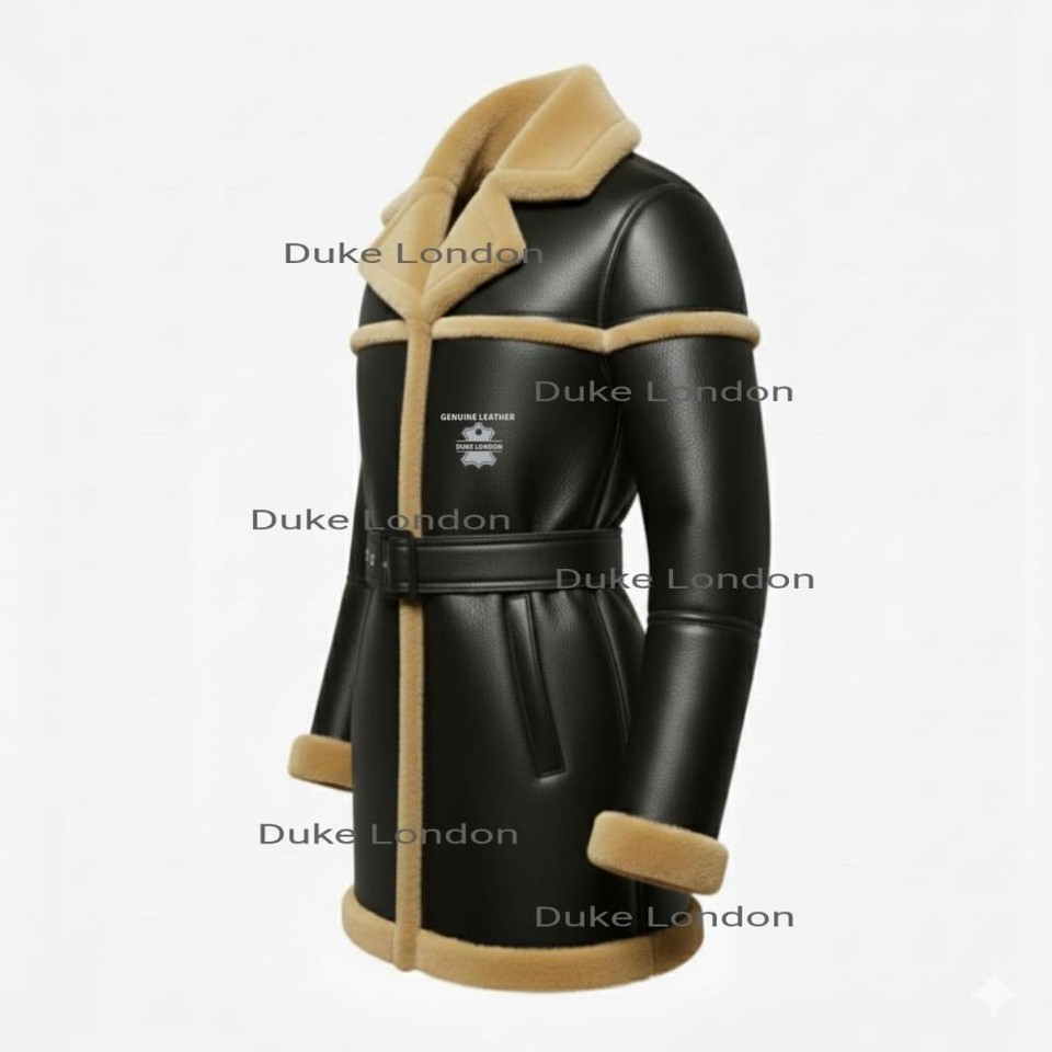 Men Real Sheep Skin Leather Long Coat Fur Vintage Retro Leisure Bomber ...