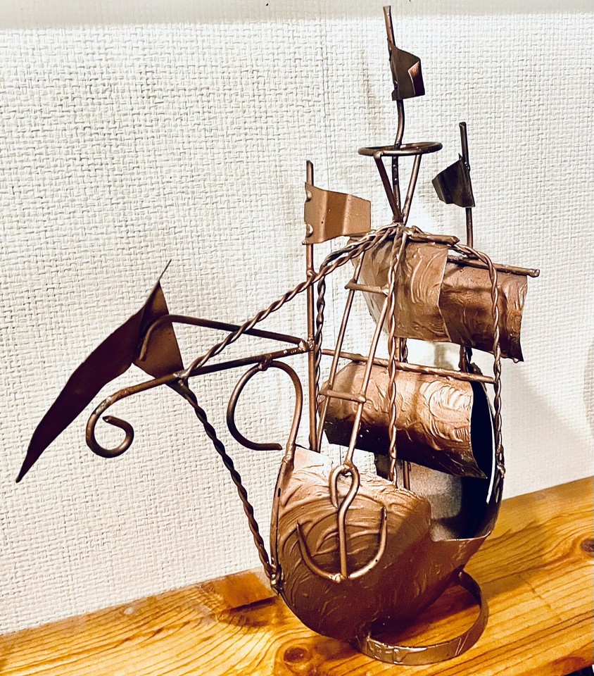 Vintage Brass & Copper Metal Sailing Ship Boat Sculpture Handmade Mid ...