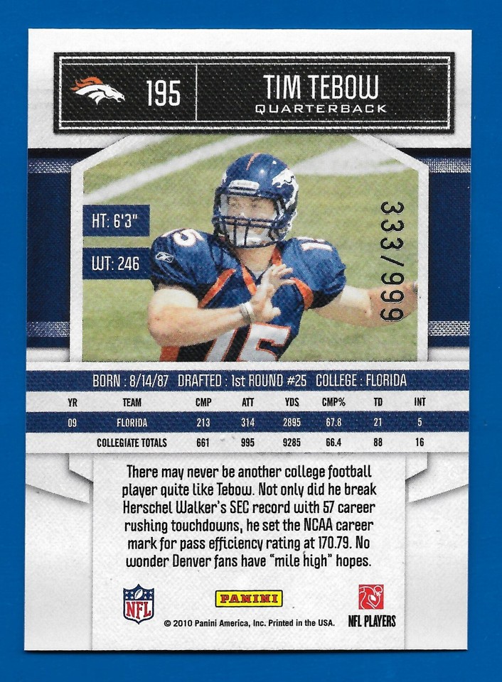 2010 Panini Classics Tim Tebow #195 Rookie Card RC Serial numbered! 339 ...