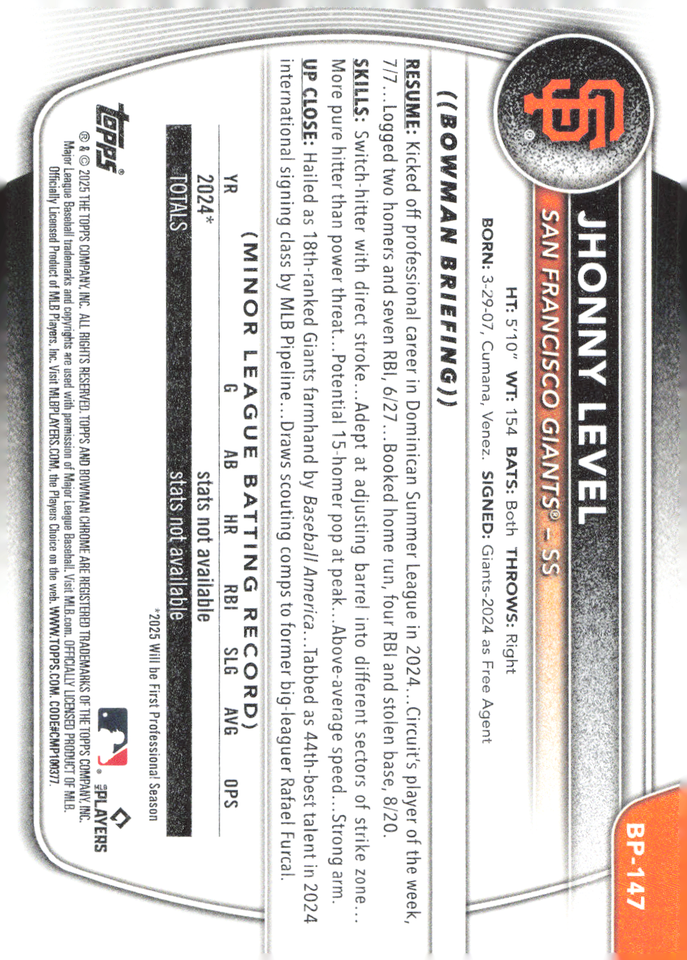 2025 Bowman - Prospects Jhonny Level #BP-147 Giants 1st Bowman | eBay