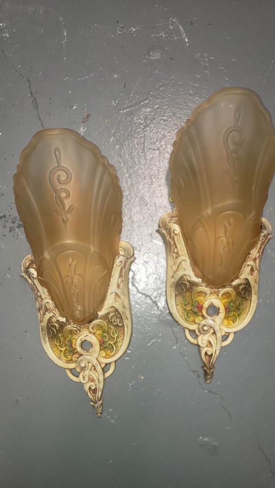 Antique c1920 Art Deco Floor Lamp w/ Etched SLIDES Shades & 2 SCONES ...