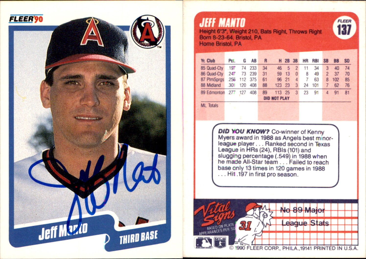 Jeff Manto Signed 1990 Fleer #137 Card California Angels Auto | eBay