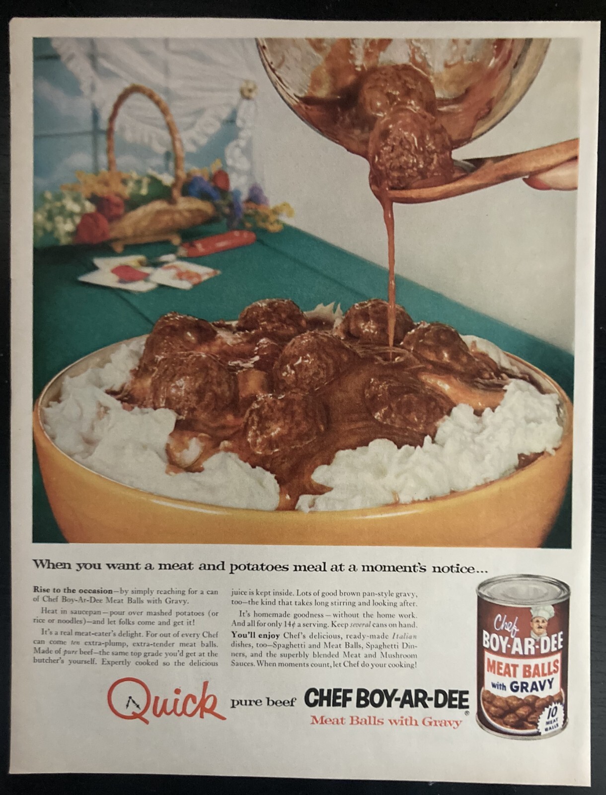 1955 Life Magazine Chef Boy-Ar-Dee Meat balls/Gravy Quick Meal Cans ...