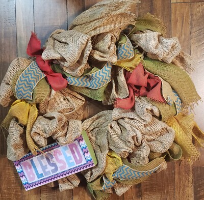 Handmade Beige Burlap 28" Rag Wreath Wood SIGN BLESSED Farmhouse | eBay