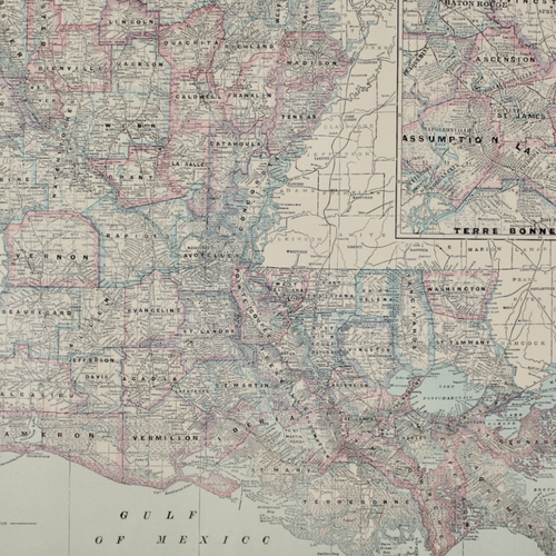 LOUISIANA Antique MAP STATE Counties Large COLOR 1928 21"x14" Jazz Age ...