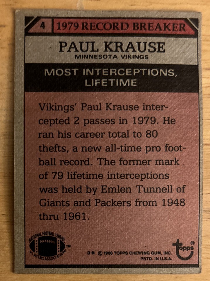 1980 Topps Paul Krause Record Breaker Football Card #4 Vikings Low ...