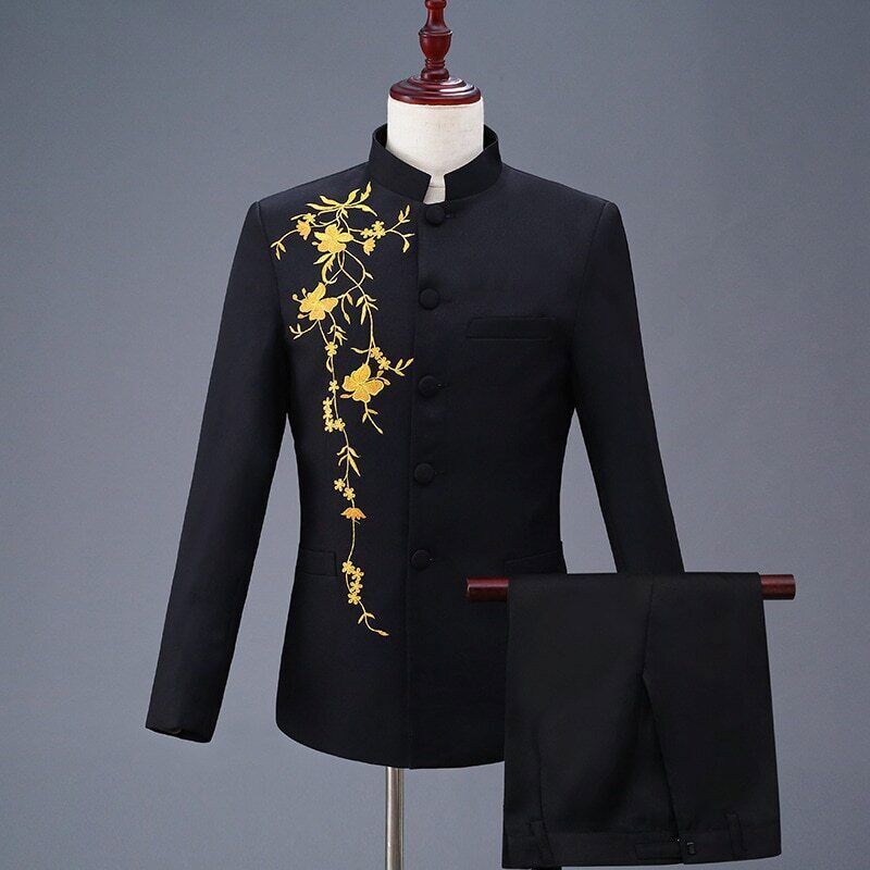 Fashion Chinese Style Men's Stand Collar Blazers Coat Pants 2pc Set ...