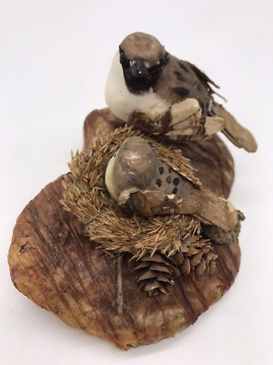 Vtg Small Folk Art Nesting Birds Figurine Wood Sculpture Pine Cones ...