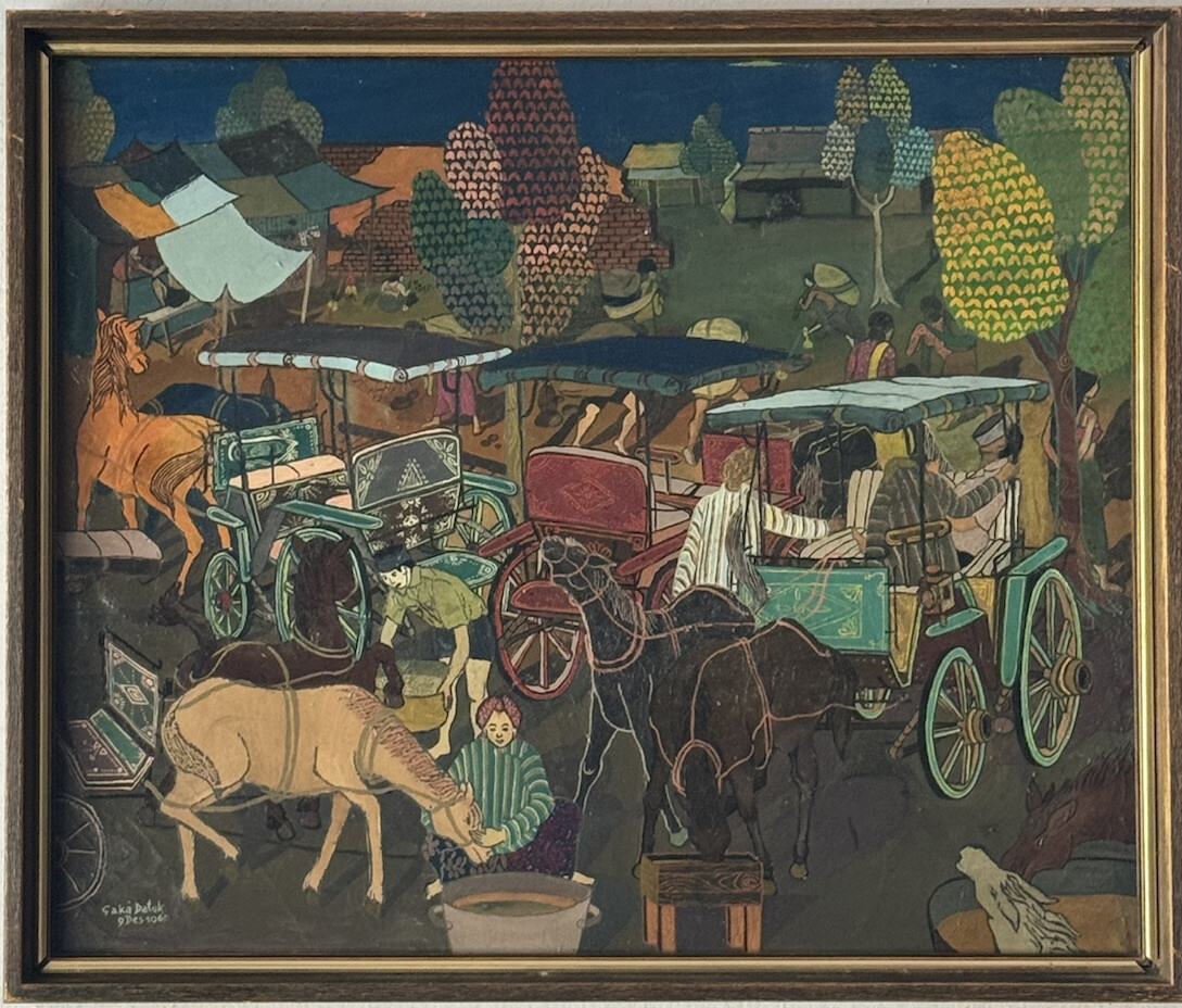 ANTIQUE MALAYSIA MODERN FOLK ART LANDSCAPE OIL PAINTING OLD ASIAN DATUK ...