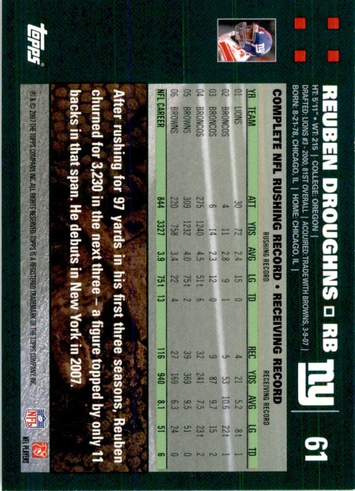 2007 TOPPS REUBEN DROUGHNS NEW YORK GIANTS #61 | eBay