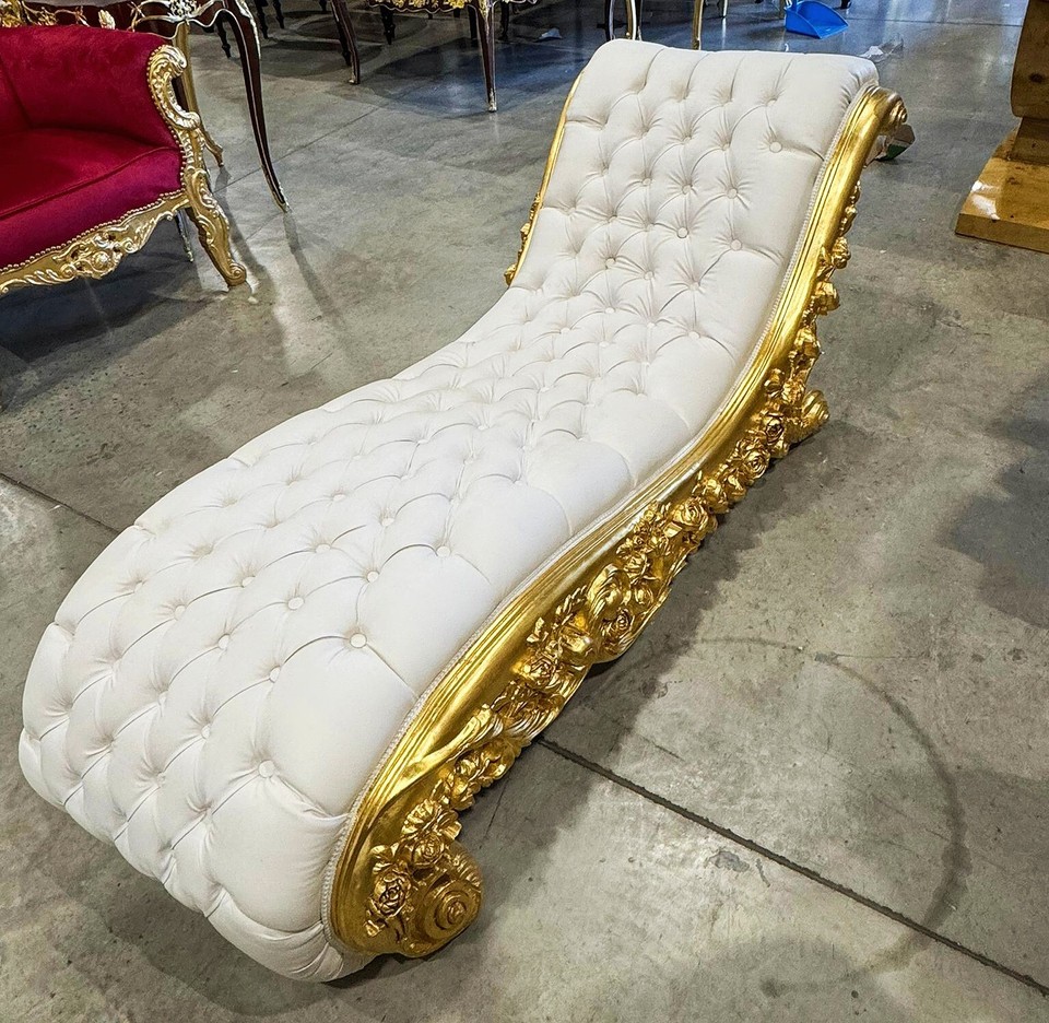 Chaise Lounge Leather White Furniture Rococo Style Gold Details | eBay